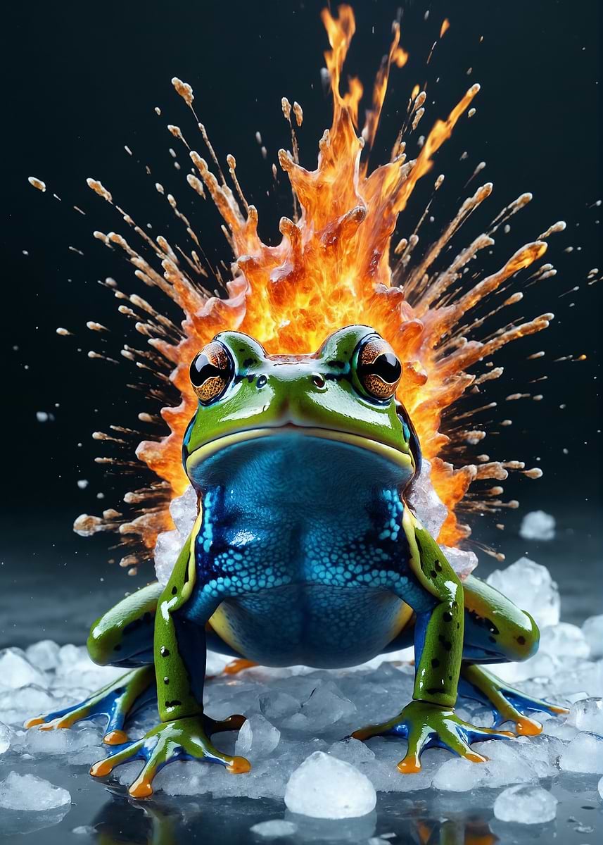 'Frog on Ice with Fire Splash' Poster, picture, metal print, paint by ...