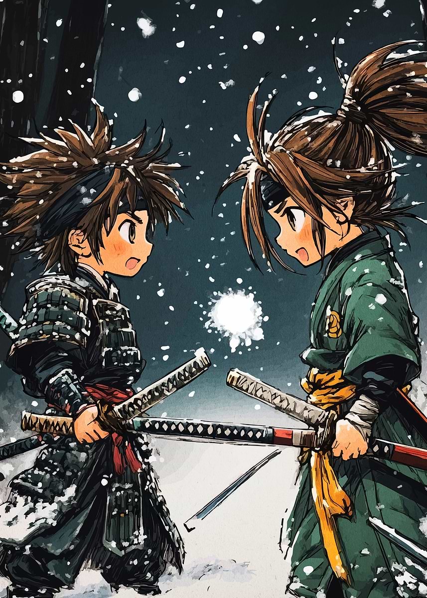 'Anime Samurai Duel in the Snow' Poster, picture, metal print, paint by ...