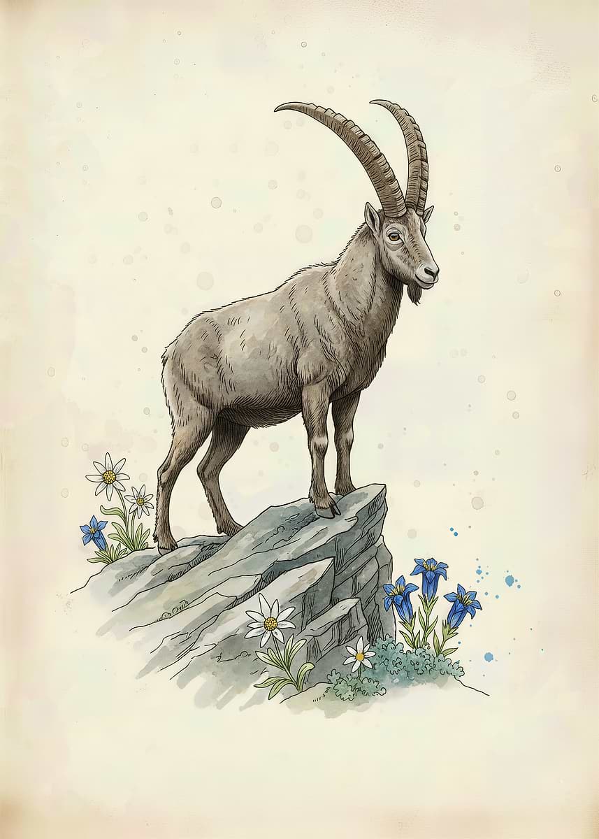 'Alpine Ibex & Edelweiss Botanical Illustration — Watercolor Mountain ...
