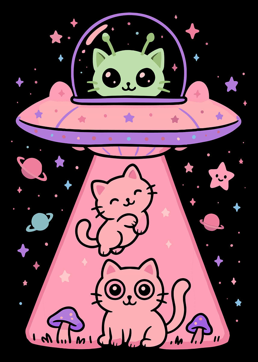 Alien Cat Ufo Abduction Illustration Poster Picture Metal Print