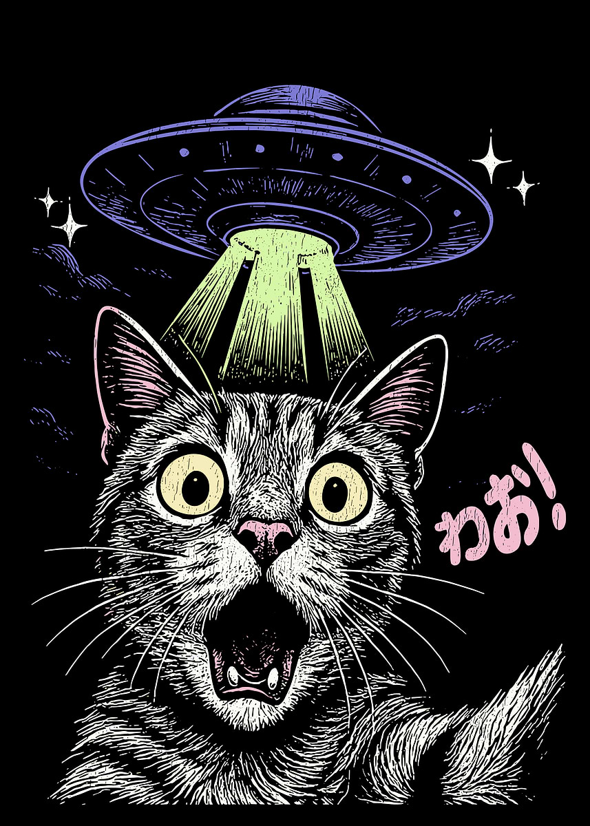 'Surprised Cat Abduction by UFO' Poster, picture, metal print, paint by ...