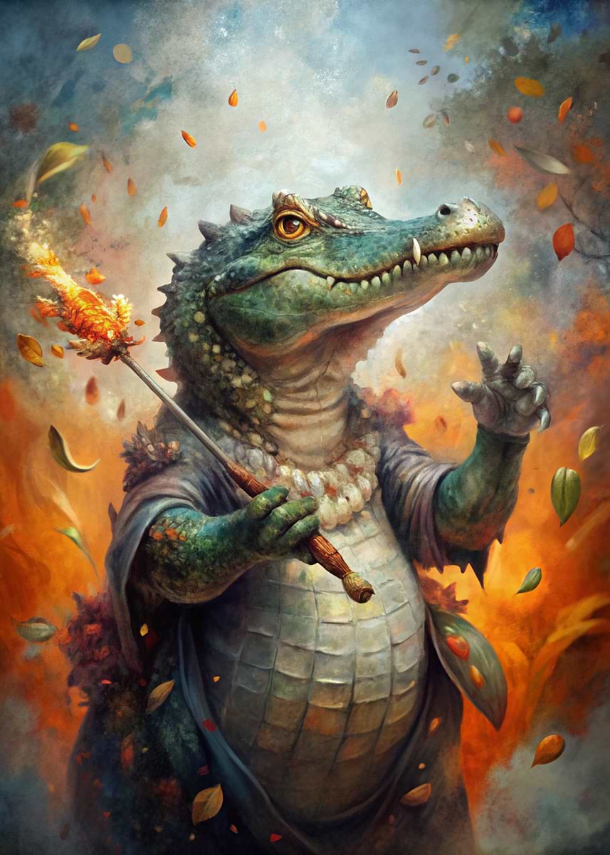 'Alligator Wizard with Fire Staff' Poster, picture, metal print, paint ...
