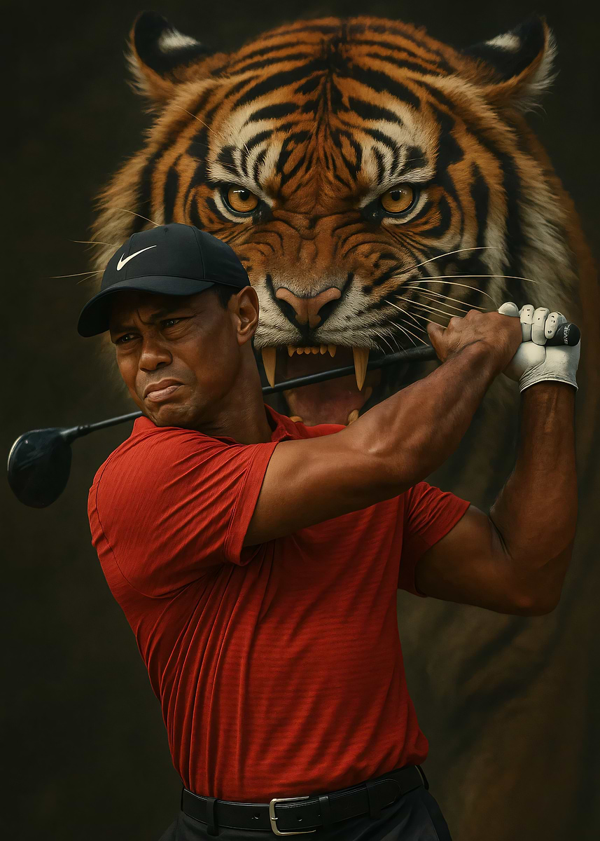 'Tiger Woods Golf Swing with Tiger' Poster, picture, metal print, paint ...