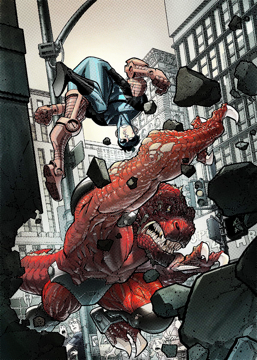 'Invincible vs. Dinosaur in Cityscape Battle' Poster, picture, metal ...