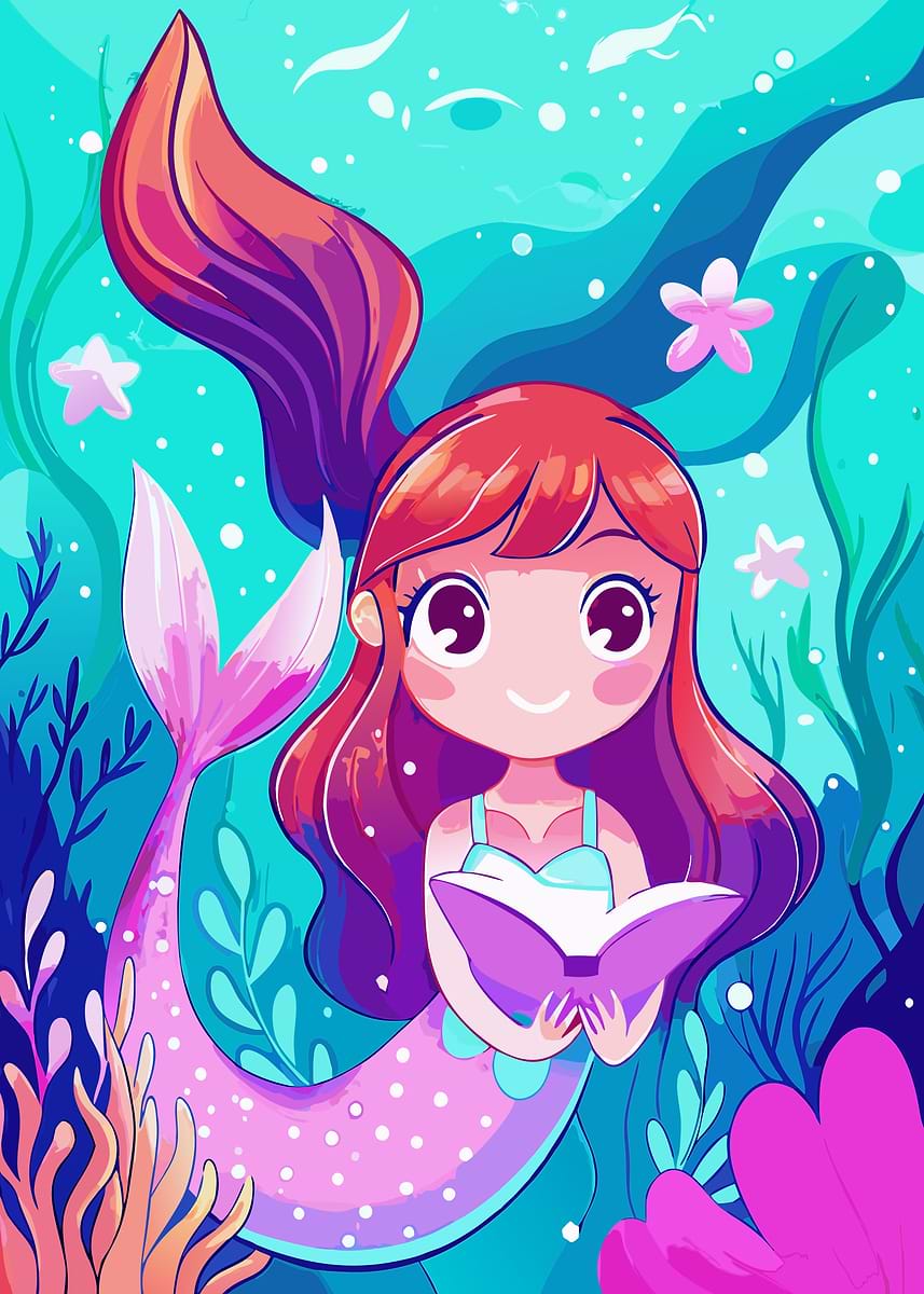 'Mermaid Reading Book Underwater Illustration' Poster, picture, metal ...