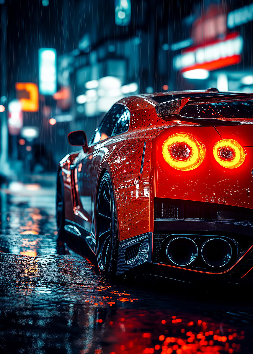 'Red Sports Car in Rainy Cityscape' Poster, picture, metal print, paint ...