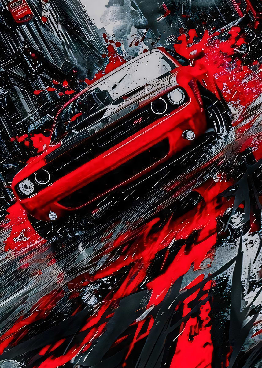'Red Dodge Challenger Abstract Art' Poster, picture, metal print, paint ...