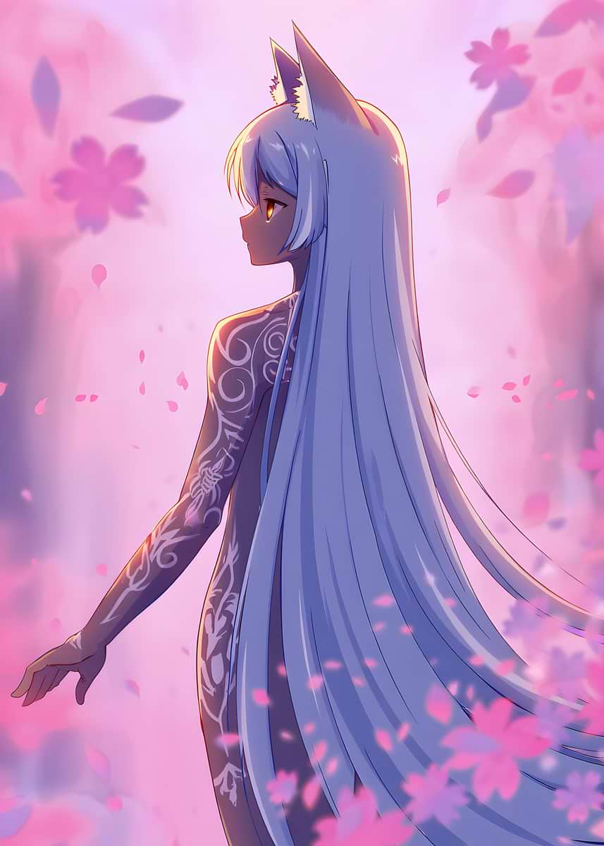 'Anime Fox Girl in Cherry Blossoms' Poster, picture, metal print, paint ...