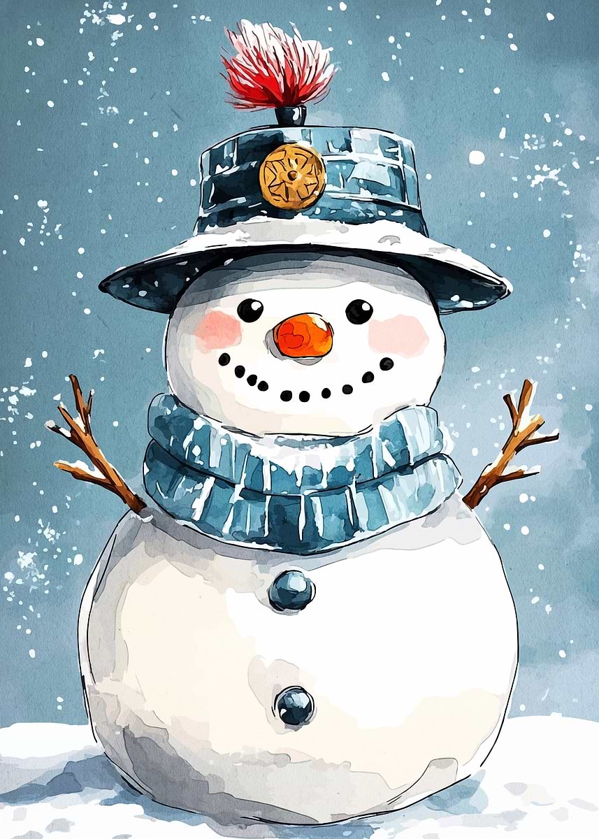 'Watercolor Snowman with Hat and Scarf' Poster, picture, metal print ...