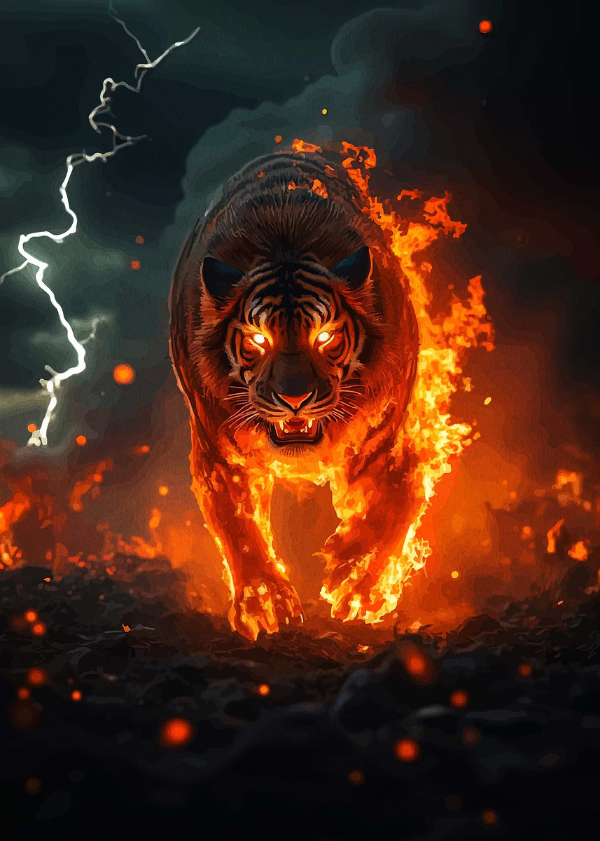 'Fiery Tiger in Storm' Poster, picture, metal print, paint by Varun ...