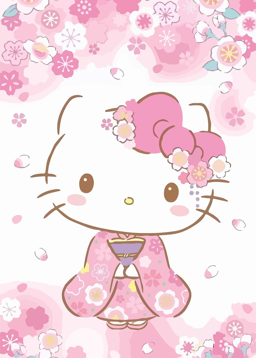 'Hello Kitty in Kimono with Cherry Blossoms' Poster, picture, metal ...