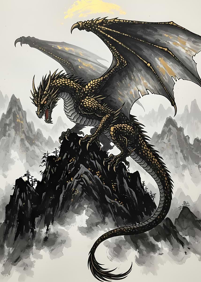 'Dragon on Mountain Peak Ink Painting' Poster, picture, metal print ...