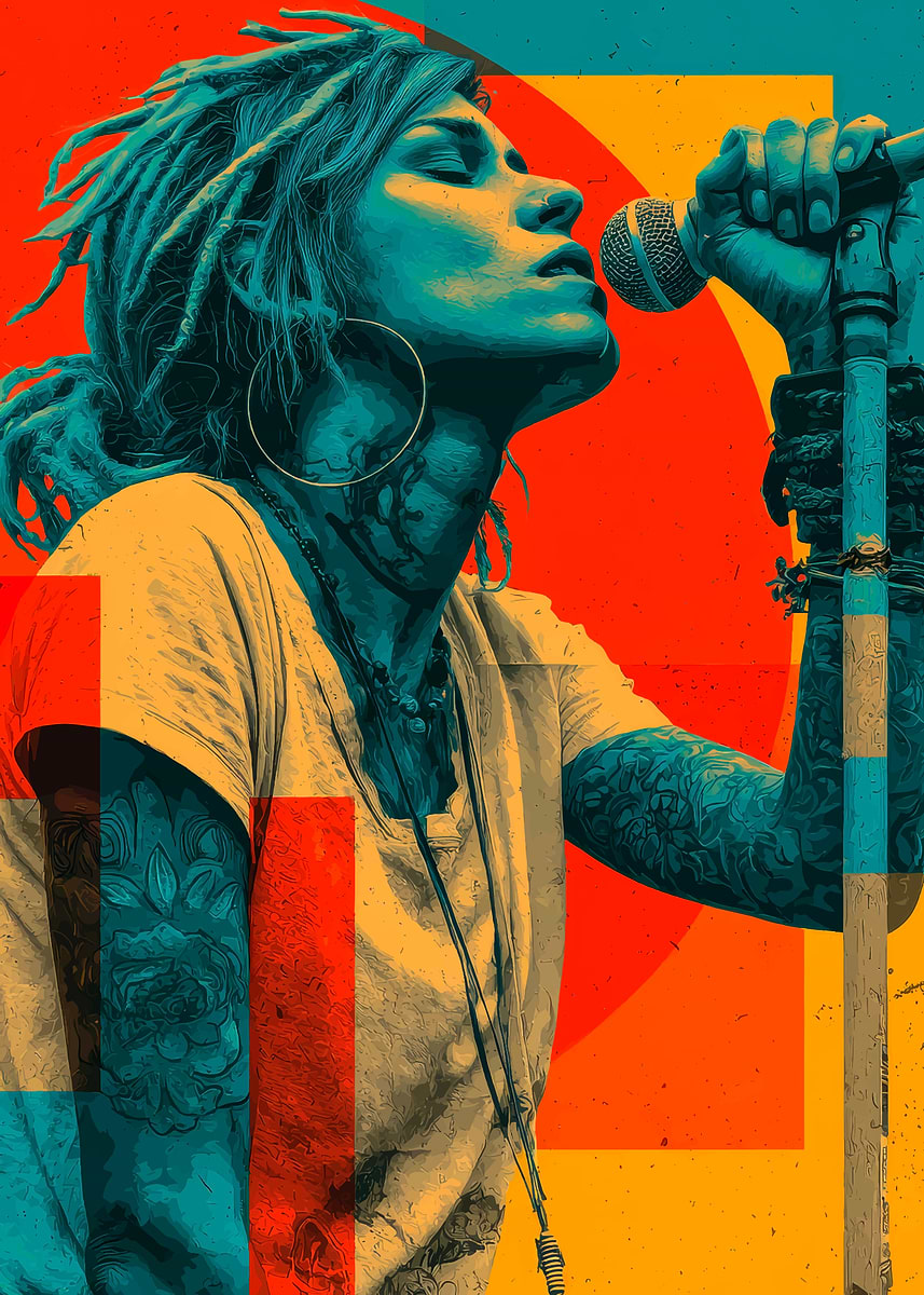 'Singer with dreadlocks and microphone' Poster, picture, metal print ...