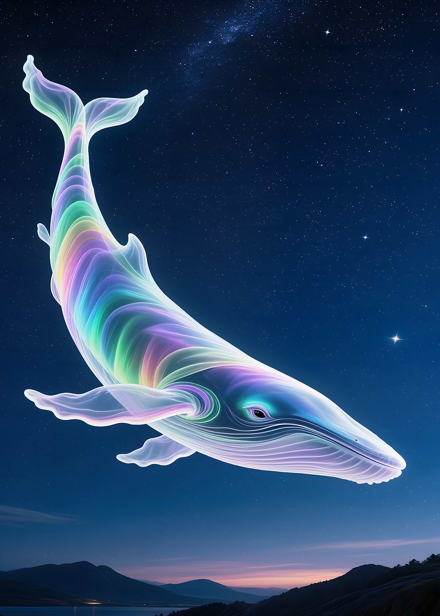 'Rainbow Whale in Starry Night Sky' Poster, picture, metal print, paint ...