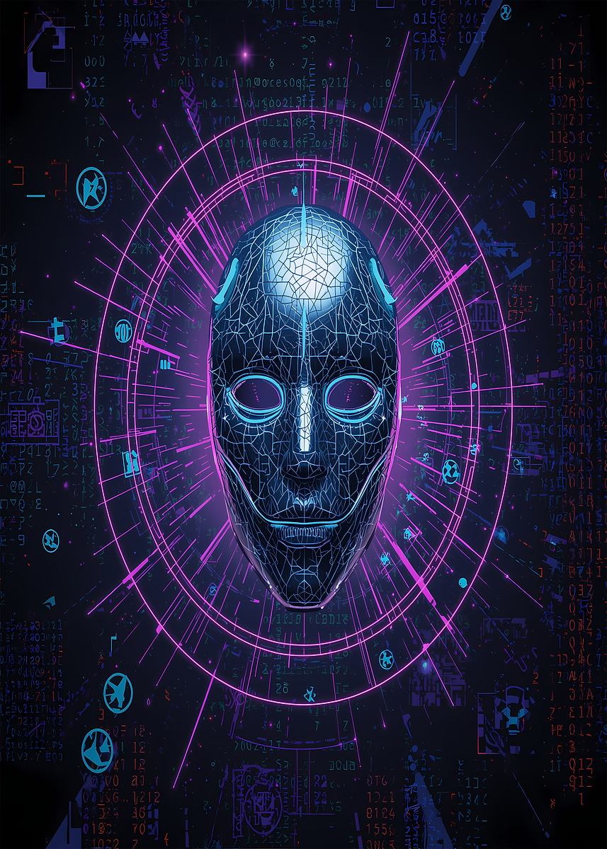 'Cybernetic Mask with Digital Background' Poster, picture, metal print ...