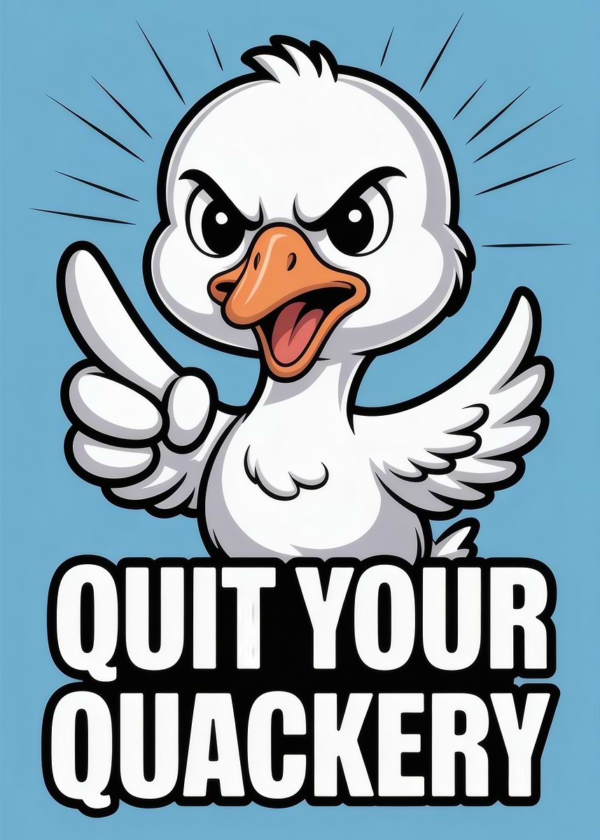 'Quit Your Quackery Cartoon Duck' Poster, picture, metal print, paint ...