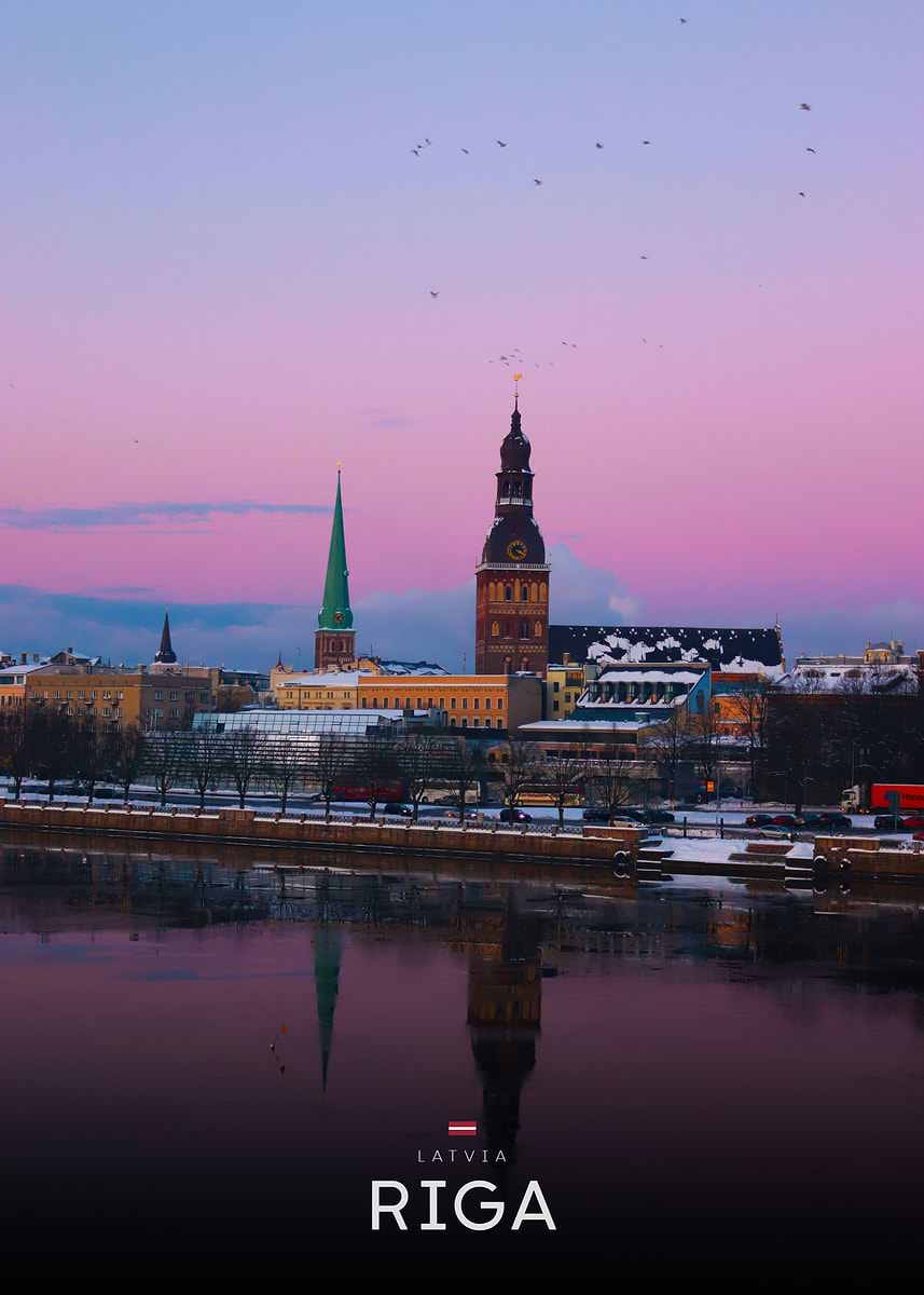 'Riga, Latvia cityscape at dusk' Poster, picture, metal print, paint by ...
