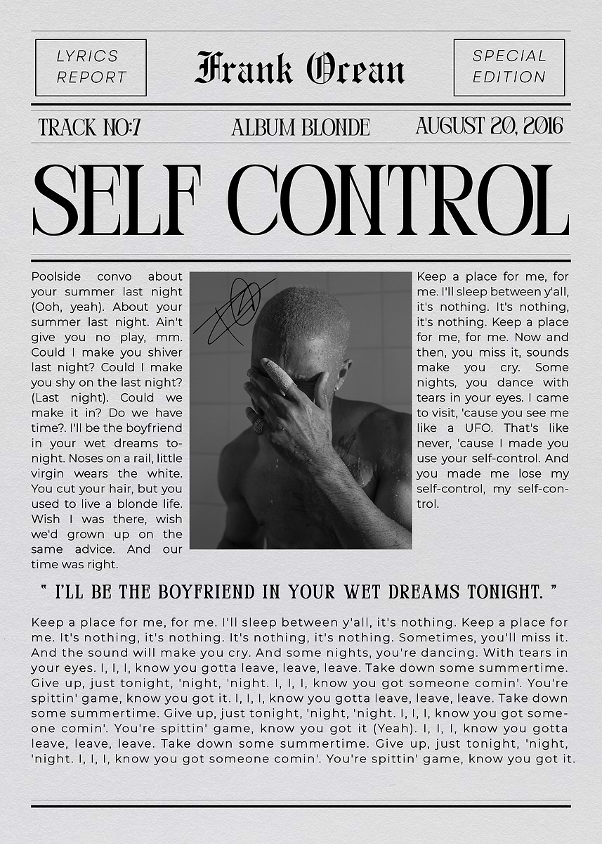 'Frank Ocean - Self Control ' Poster, picture, metal print, paint by ...
