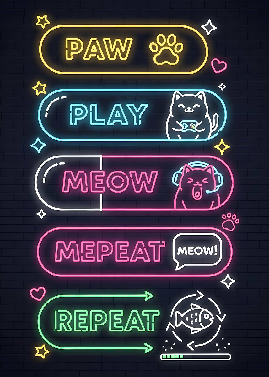 'Paw Play Meow Repeat Neon' Poster, picture, metal print, paint by ...