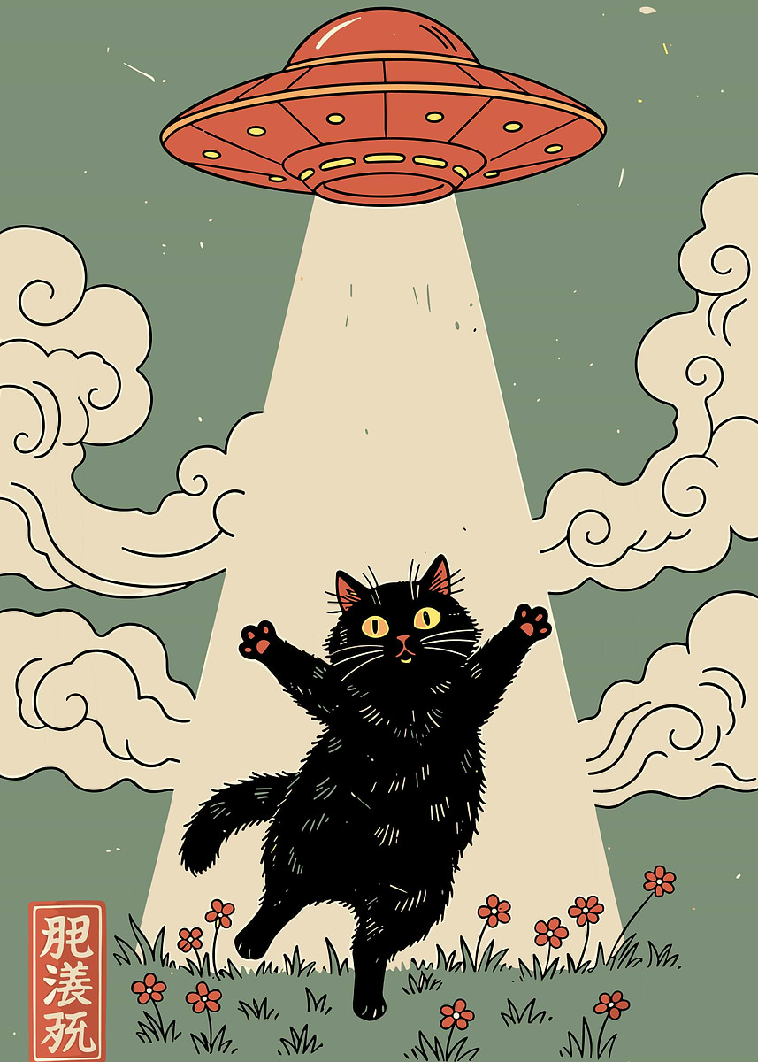 'Cat Abduction by UFO Illustration' Poster, picture, metal print, paint ...