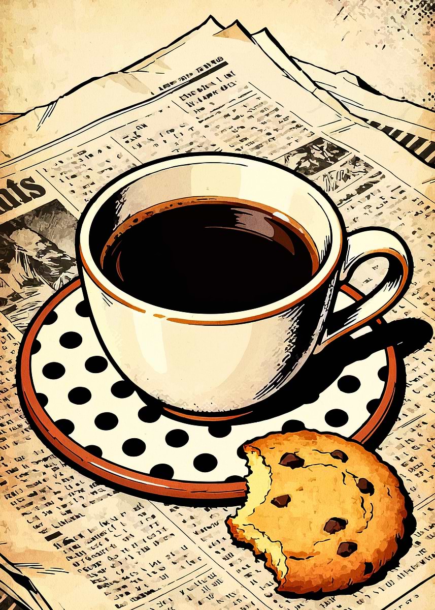 'Coffee, Cookie, and Newspaper Still Life' Poster, picture, metal print ...