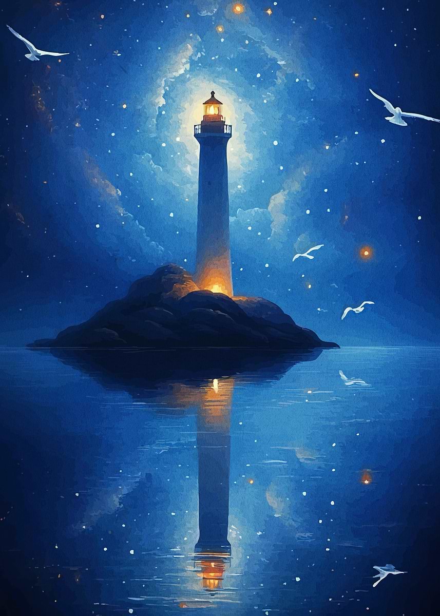 'Lighthouse Night Seagulls' Poster, picture, metal print, paint by Kodi ...