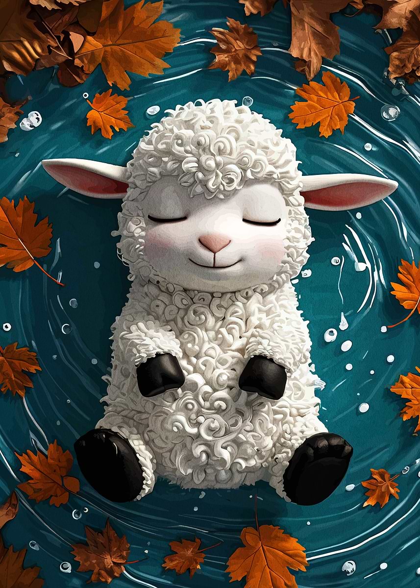 'Cute Sheep Floating in Water with Leaves' Poster, picture, metal print ...