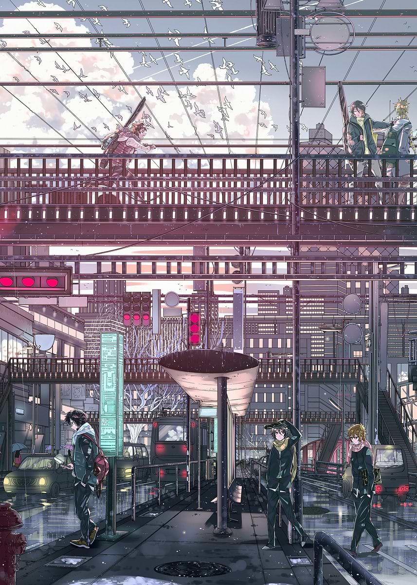 'Urban Anime Scene with Characters' Poster, picture, metal print, paint ...
