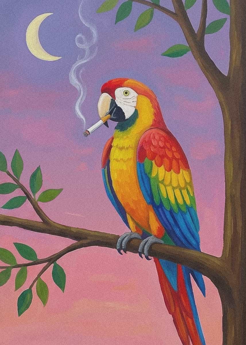 'Smoking Parrot on a Branch' Poster, picture, metal print, paint by ...