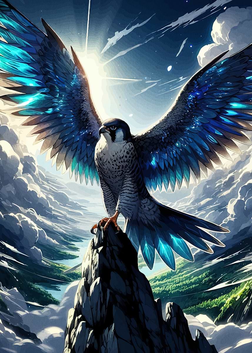 'Falcon luminous wings peak' Poster, picture, metal print, paint by ...