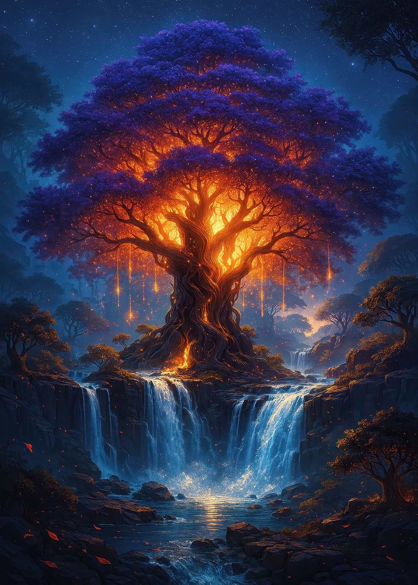 'Magical Tree and Waterfall Landscape' Poster, picture, metal print ...