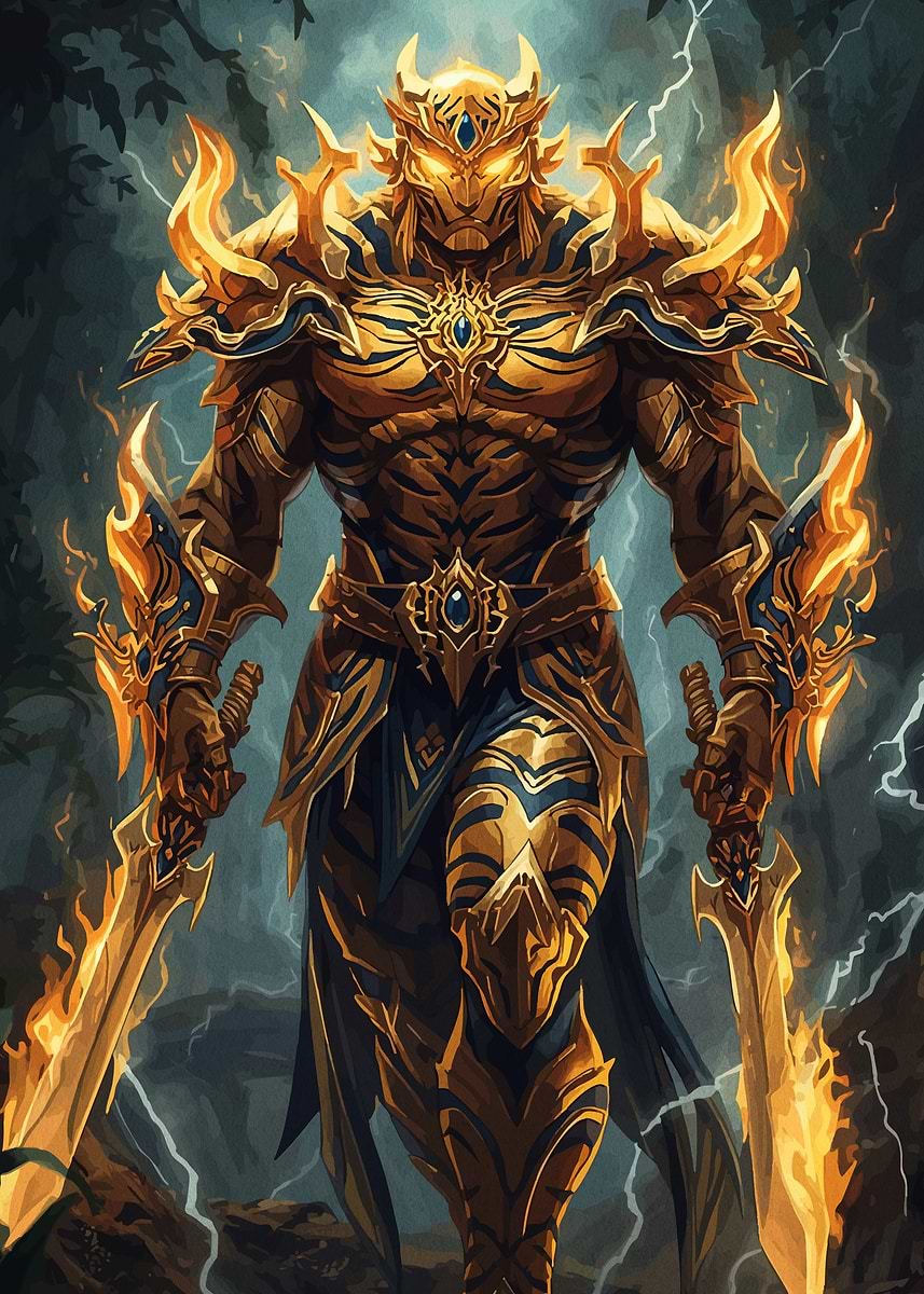 'Golden Armored Warrior Flaming Swords' Poster, picture, metal print ...