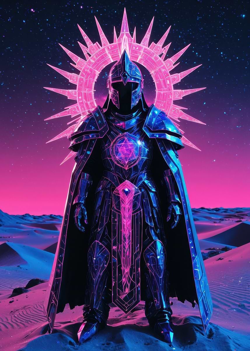'Neon Vaporwave Knight in Luminous Armor — Synthwave Fantasy Poster ...