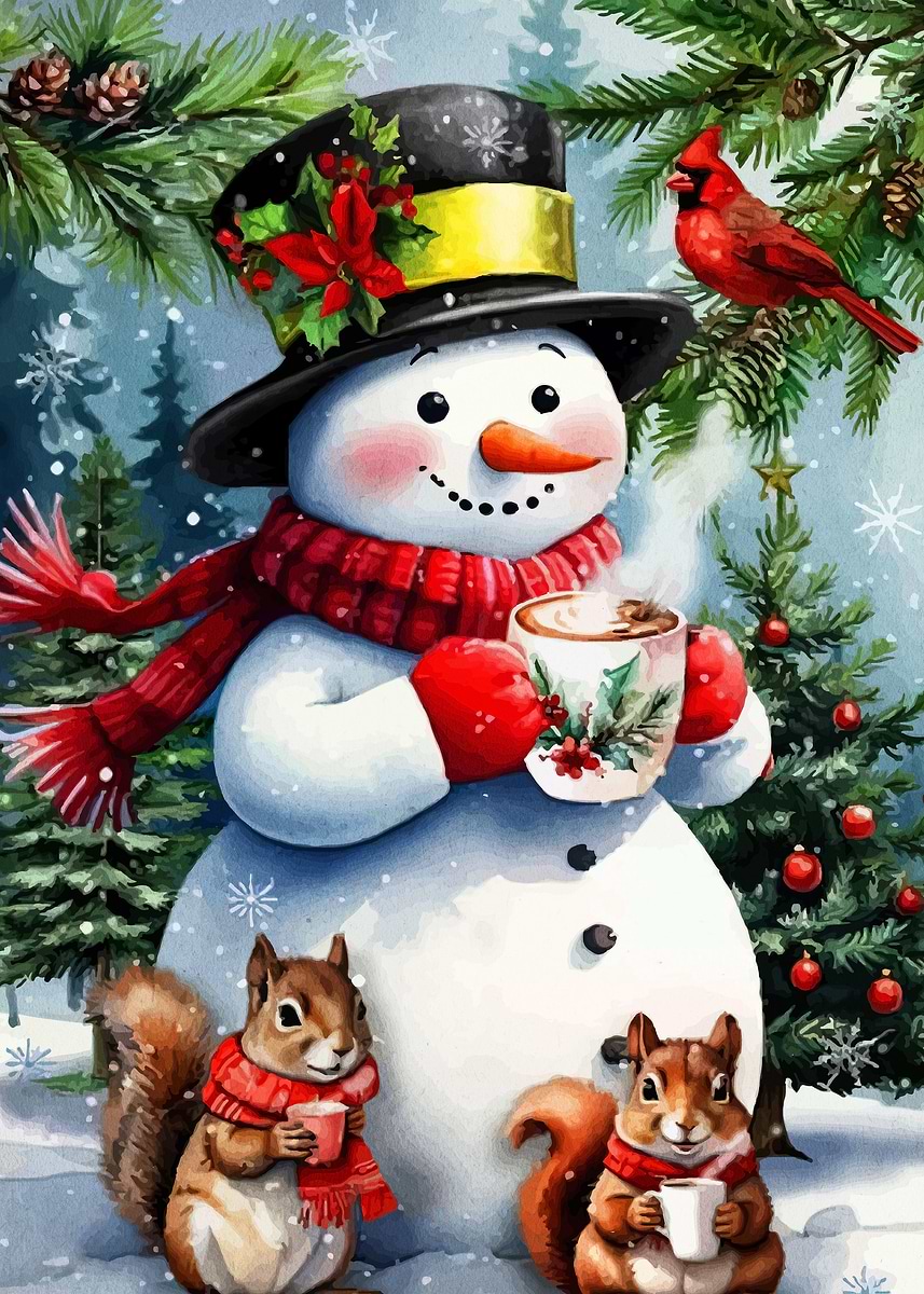 'Winter Warmth: Snowman and Squirrels' Poster, picture, metal print ...