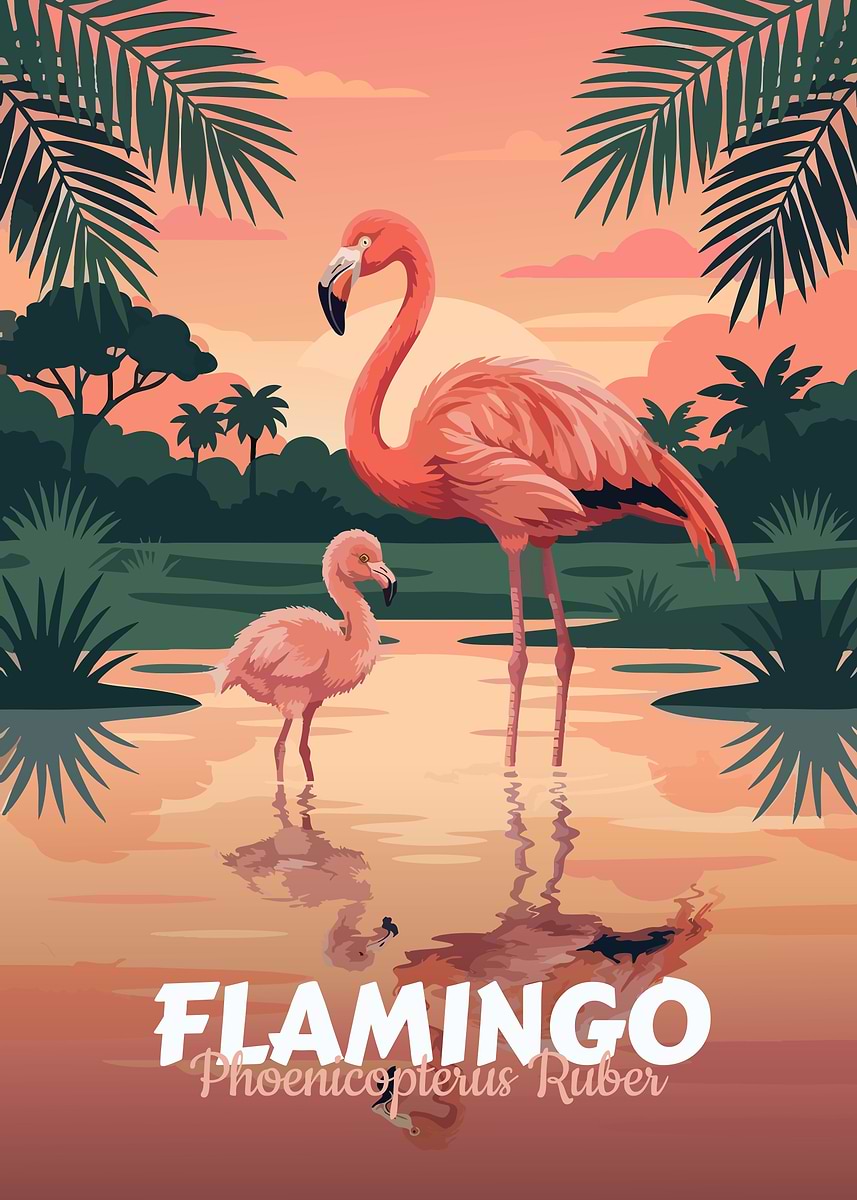 'Flamingo Pair in Tropical Setting' Poster, picture, metal print, paint ...