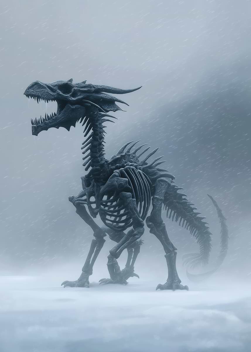 'Dragon Skeleton in the Snowstorm' Poster, picture, metal print, paint ...