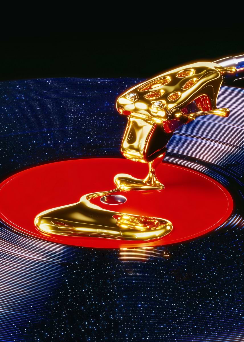 'Golden Vinyl Record Player with Dripping Gold' Poster, picture, metal ...