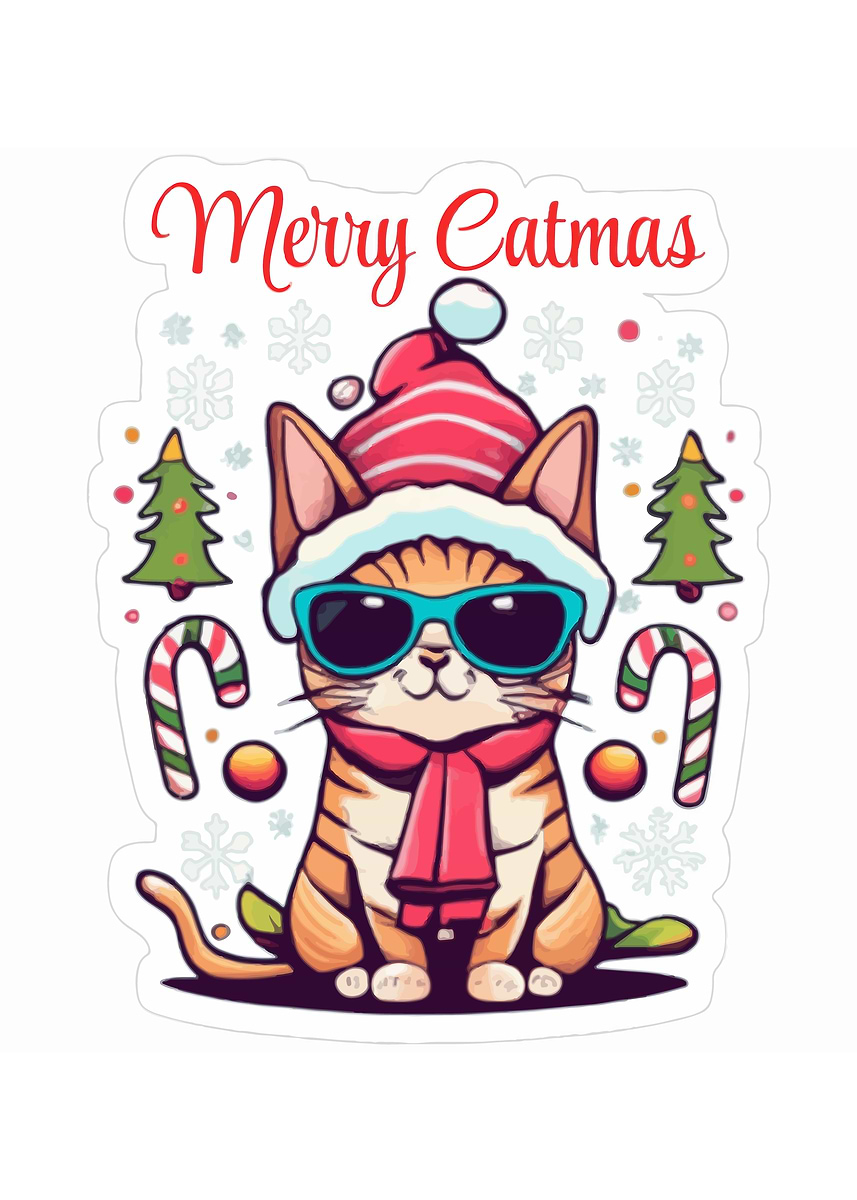'Merry Catmas Cute Cat Sticker' Poster, picture, metal print, paint by ...