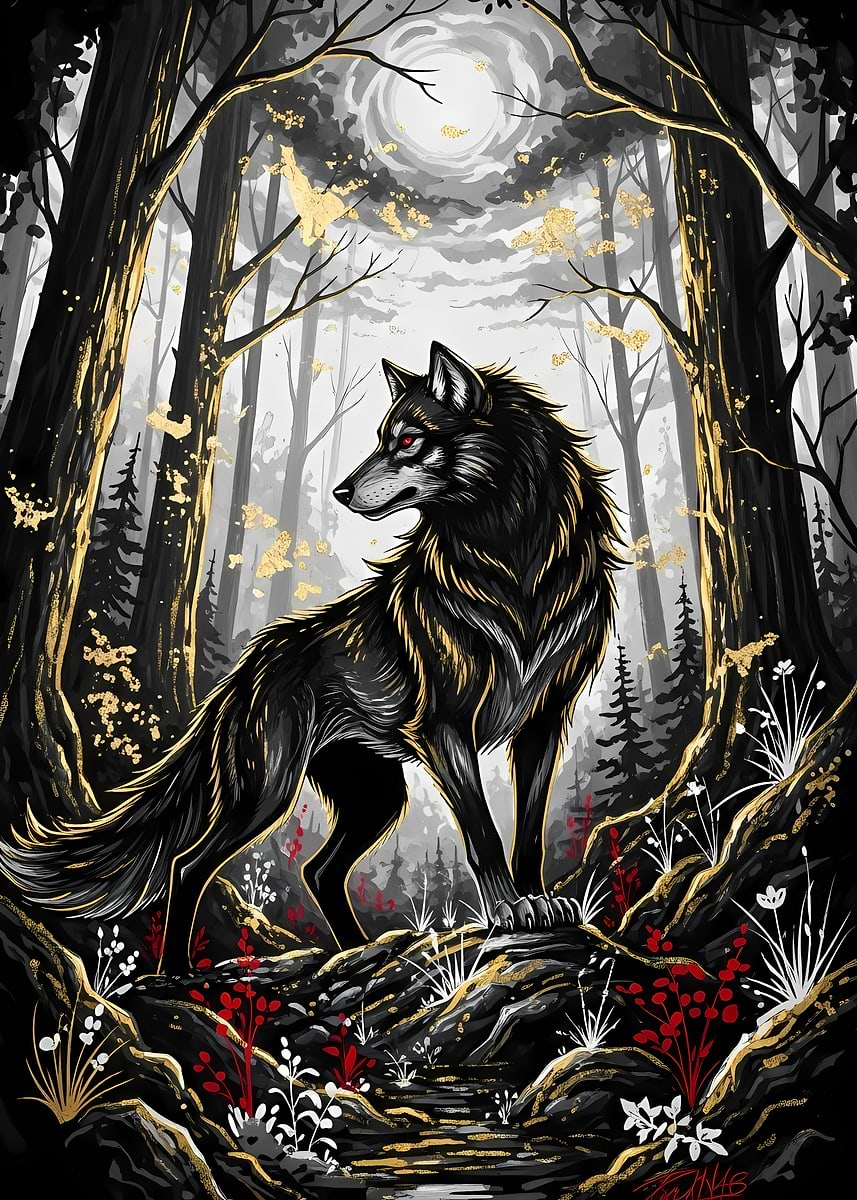 'Wolf in Forest with Golden Accents' Poster, picture, metal print ...