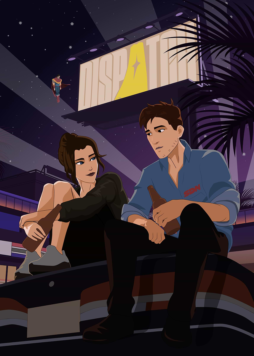 'Dispatch Couple with beer under city lights' Poster, picture, metal ...