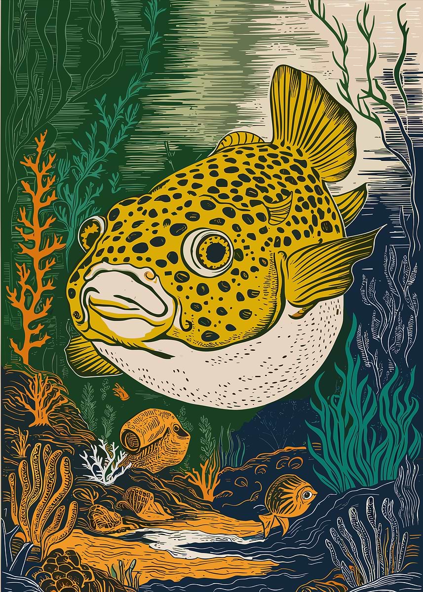 'Pufferfish in Ocean Illustration' Poster, picture, metal print, paint ...