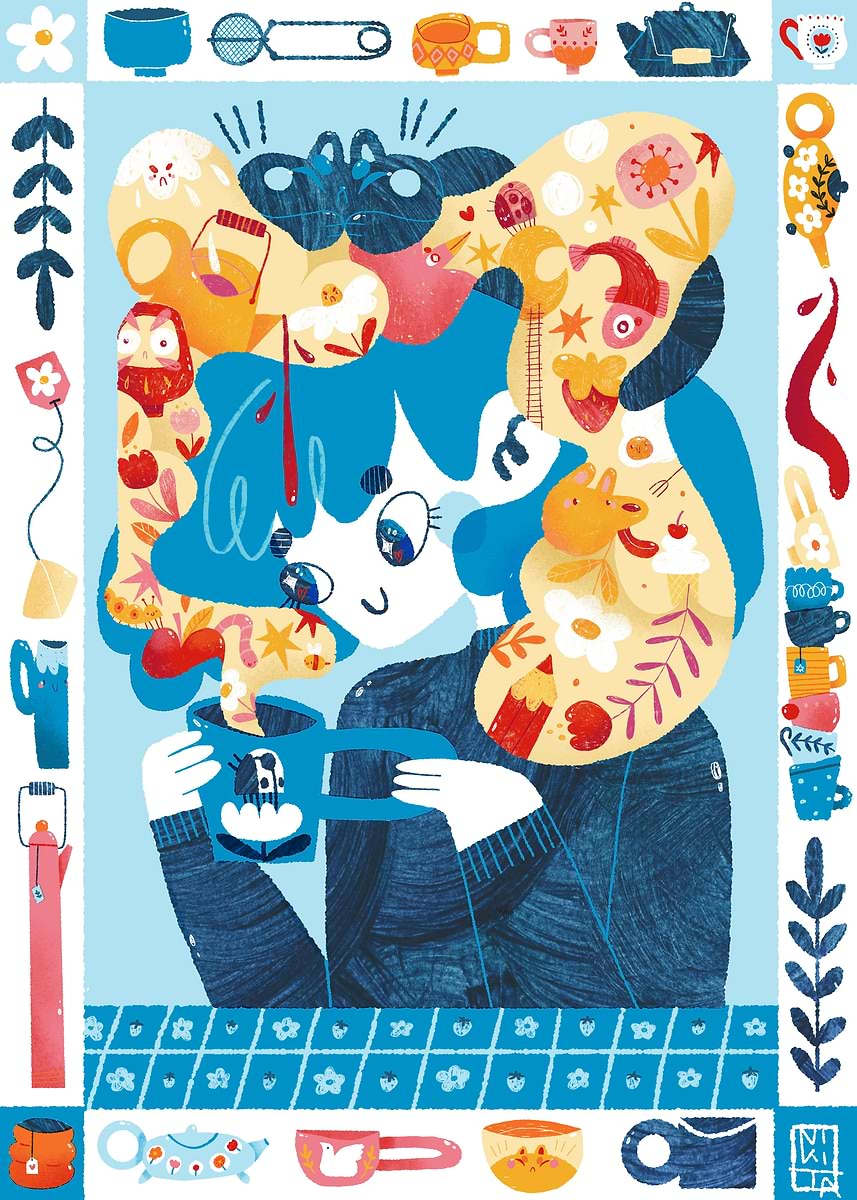 'Girl Drinking Tea with Floral Thoughts' Poster, picture, metal print ...