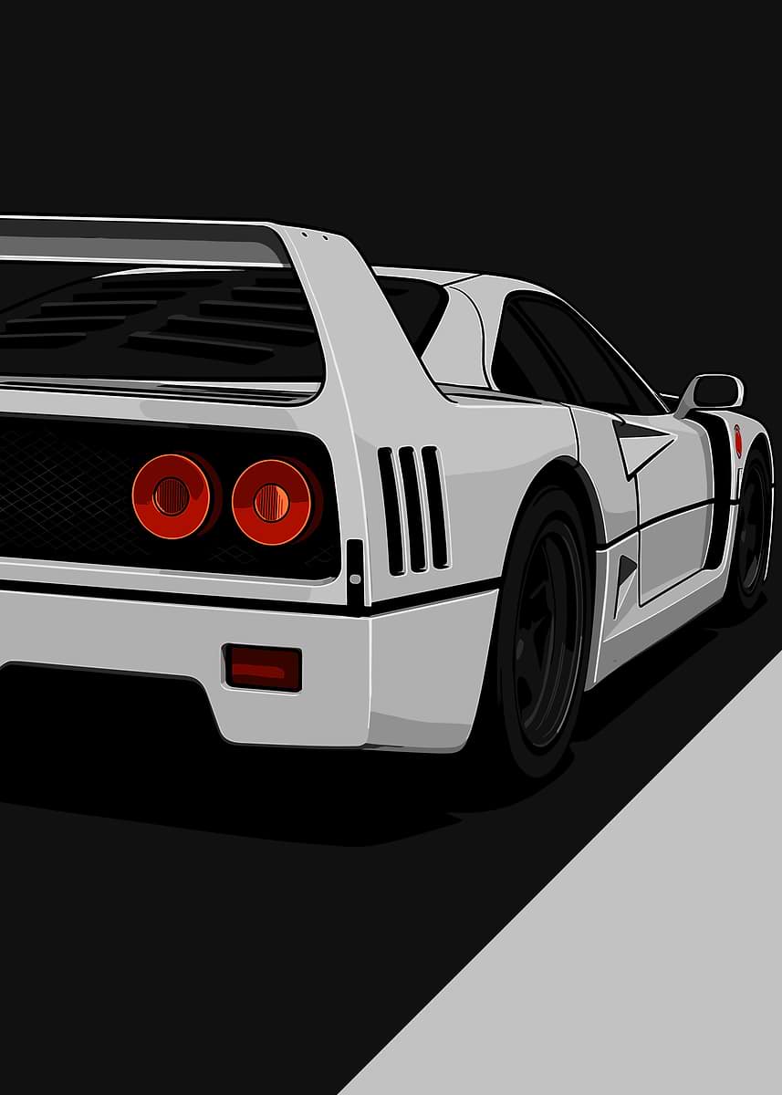 'White Ferrari F40 Rear View' Poster, picture, metal print, paint by ...