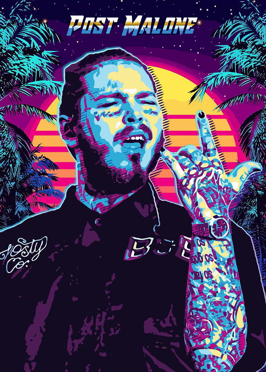 'Post Malone Retro Art' Poster, picture, metal print, paint by ...