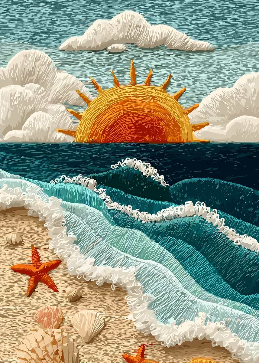 'Embroidered Beach Scene with Sun' Poster, picture, metal print, paint ...