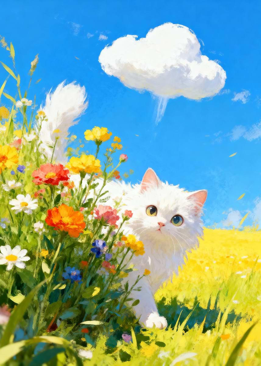 'White Cat in a Flower Field' Poster, picture, metal print, paint by ...