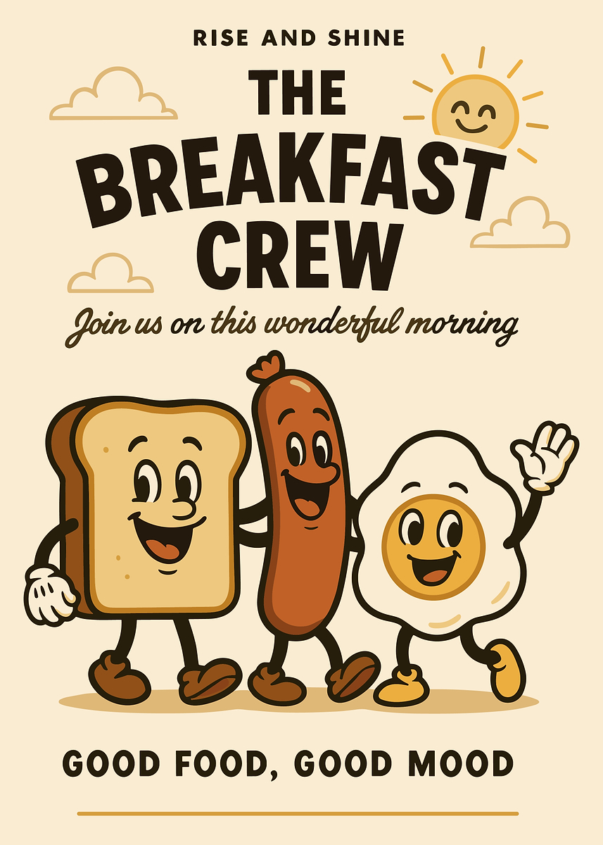 'The Breakfast Crew Cartoon Poster' Poster, picture, metal print, paint ...