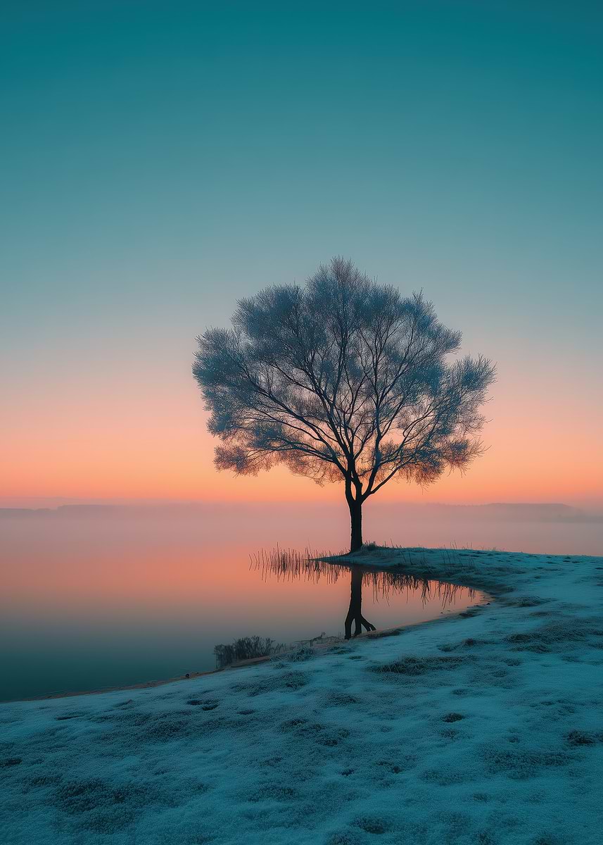 'Winter Tree Reflection at Sunset' Poster, picture, metal print, paint ...