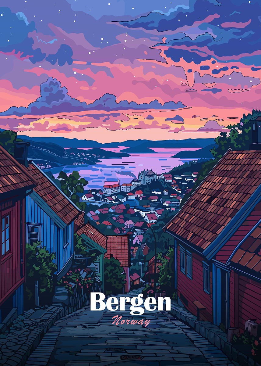 'Bergen, Norway cityscape illustration' Poster, picture, metal print ...