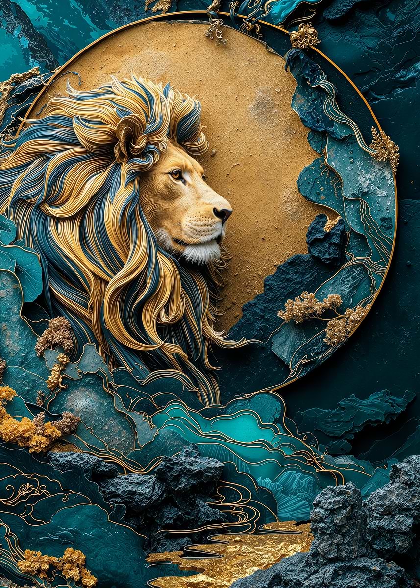 'Teal and Gold Lion' Poster, picture, metal print, paint by Mark ...